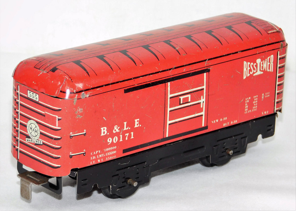 Marx 90171 B&LE Bessemer boxcar Candy Apple fixed knuckle 6" tinplate ...