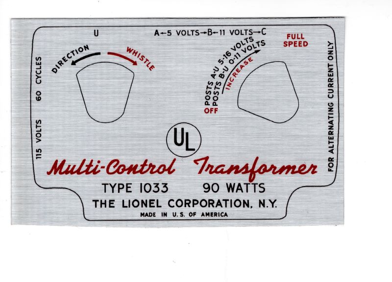 Lionel Trains 1033 Transformer Adhesive Faceplate Sticker Repro w/ ins ...